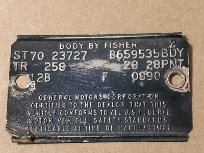 1970 Pontiac LeMans (23727) Body By Fisher Cowl Tag Data Plate Original ...