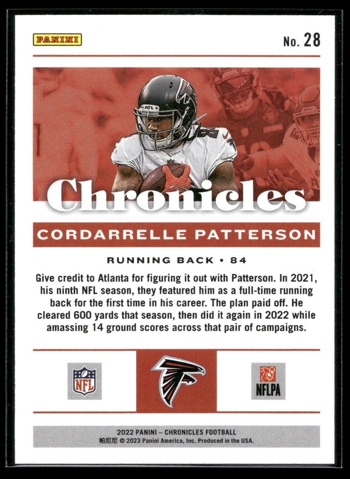 2022 Panini Chronicles Cordarrelle Patterson BASE CARD Atlanta Falcons ...