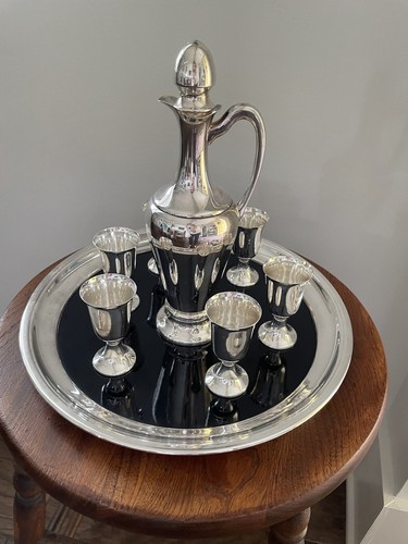 Vintage CRESCENT Silver Plate 649 Cruet Pitcher, 6 drink cups & formica ...