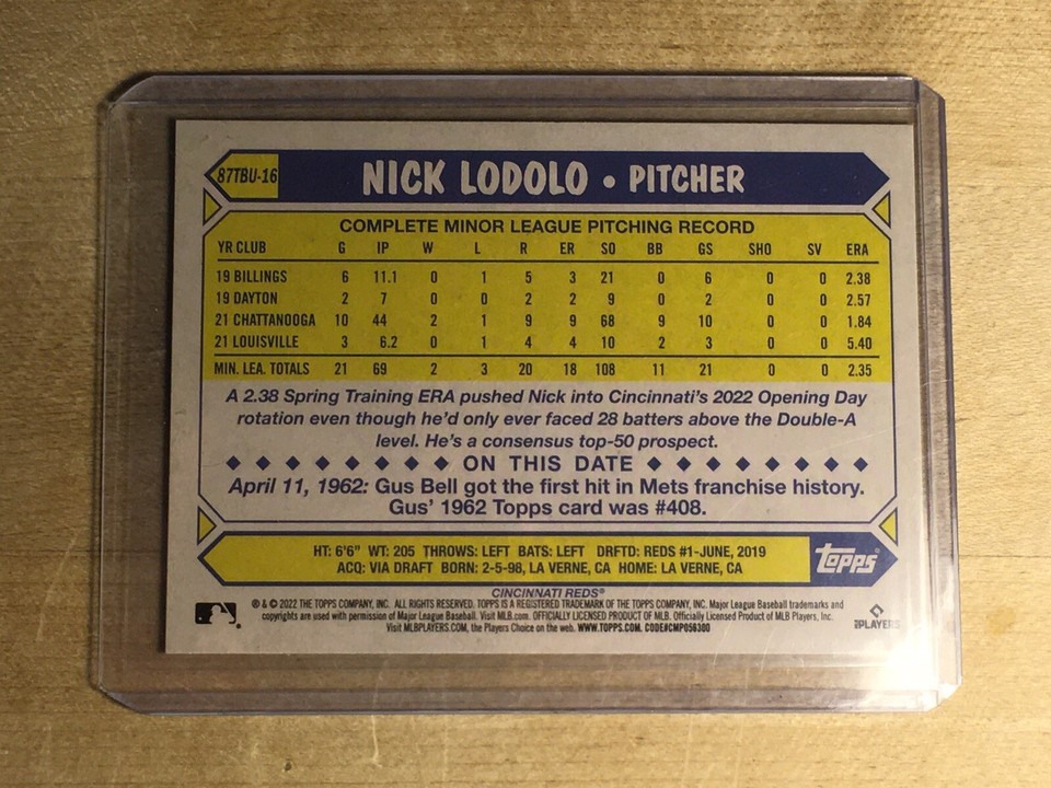 2022 Topps Update Nick Lodolo 1987 35th Anniversary Rookie RC #87TBU-16 ...