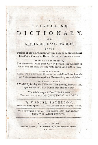 PATERSON, DANIEL A travelling dictionary : or, Alphabetical tables of ...