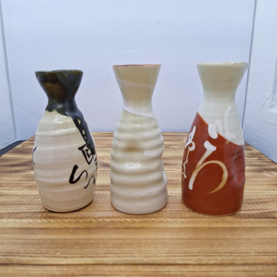 X3 Lot Japanese Asian Sake Stoneware Pottery Carafes Soy Sauce Pitchers ...