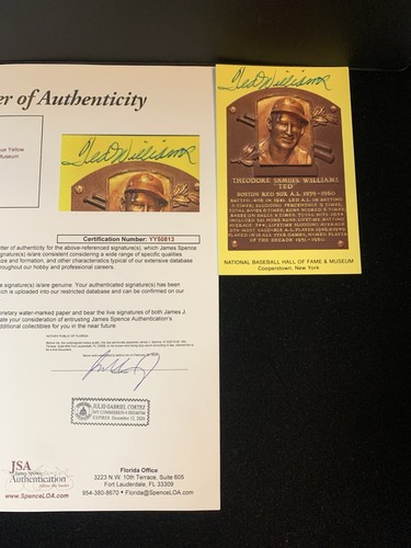 Ted Williams Original Signed Autograph Hall of Fame Plaque Postcard Red ...