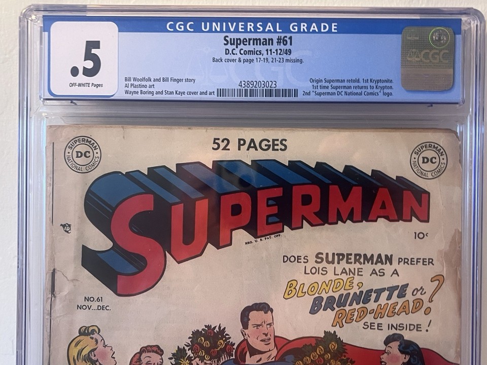 Superman #61 CGC 0.5 (1949) 1st Kryptonite! Origin Retold DC Golden Age ...