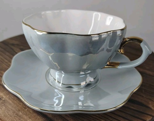 Grace’s Teaware Blue Iridescent Tea Cup and Saucer Scalloped Edge Gold Rim | eBay