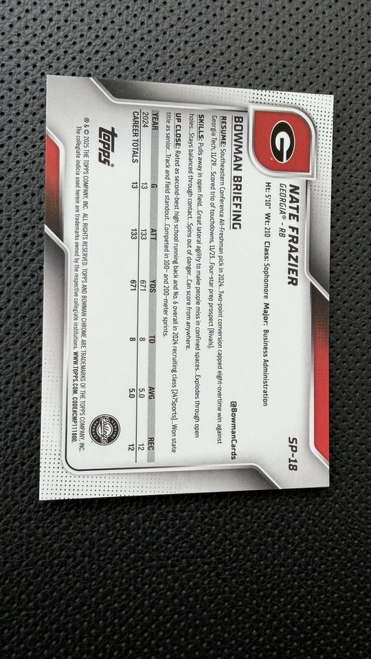 Nate Frazier 2025 Bowman U Chrome Photo Variation Card Georgia Bulldogs ...