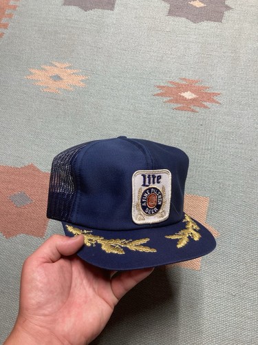 Vintage 80s trucker hat mesh cap miller lite beer patch gold leaf ...