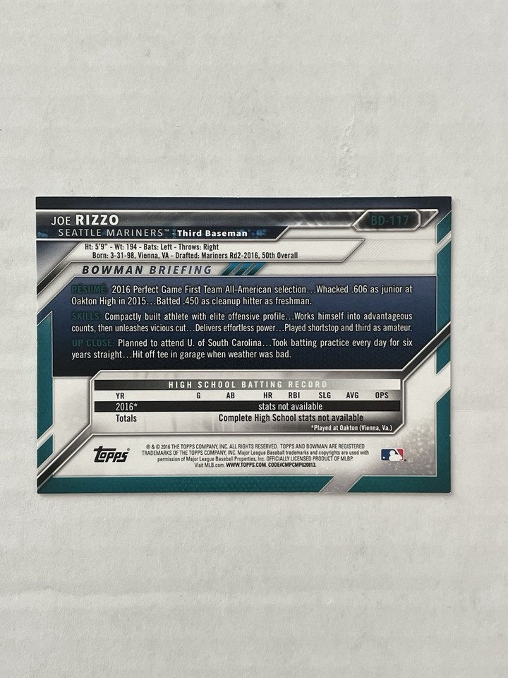 Joe Rizzo Auto SIGNED 2016 1st Bowman Draft Baseball #BD-117 Seattle ...