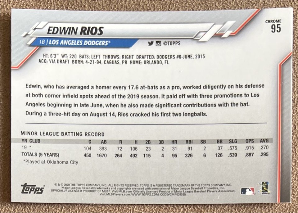 2020 Topps Chrome Edwin Rios Rookie Los Angeles Dodgers #95 MLB ...