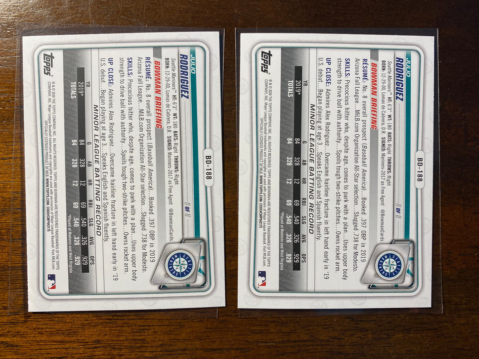 2020 Bowman Draft Paper Julio Rodriguez #BD-188 Seattle Mariners ROY ...
