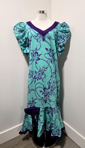 80s HILO HATTIE PURPLE/AQUA FLORAL RUFFLE/BOW TRIM MAXI HAWAIIAN MUUMUU ...