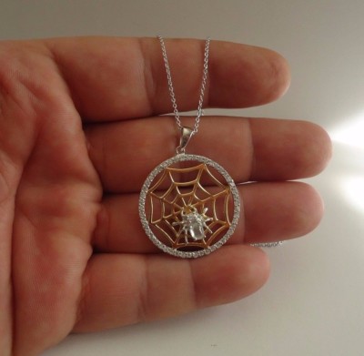 SPIDER WEB NECKLACE PENDANT W/ LAB SIMULATED DIAMONDS / 925 STERLING ...