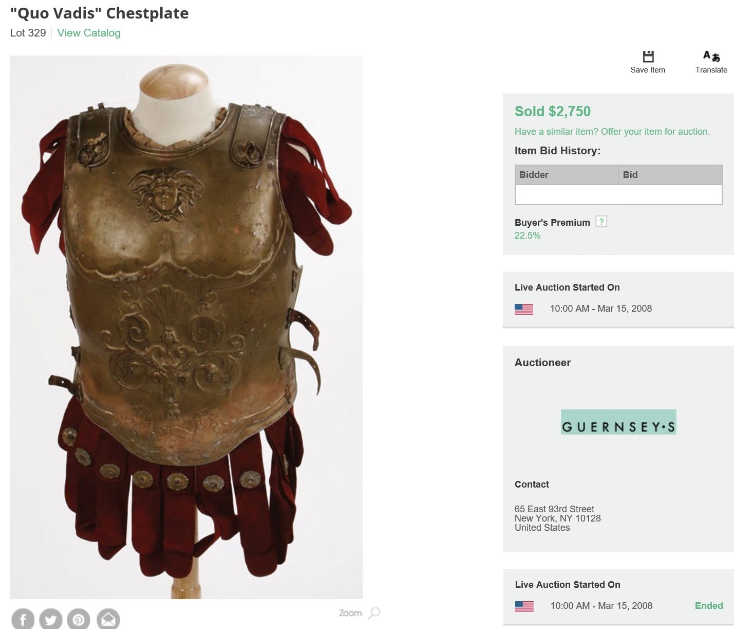 1951 Quo Vadis & 1959 Ben Hur Caesar prop Roman brass decorated armor ...