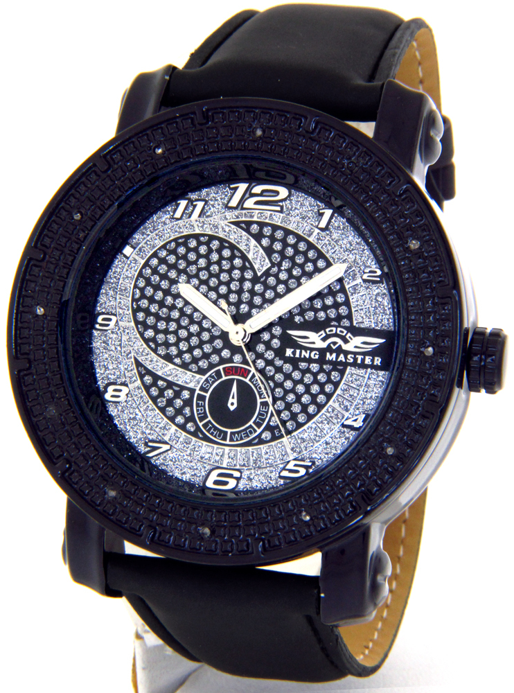 KING MASTER WATCH MENS DIAMOND LARGE JOJO BLACK CASE FACE LEATHER BAND ...
