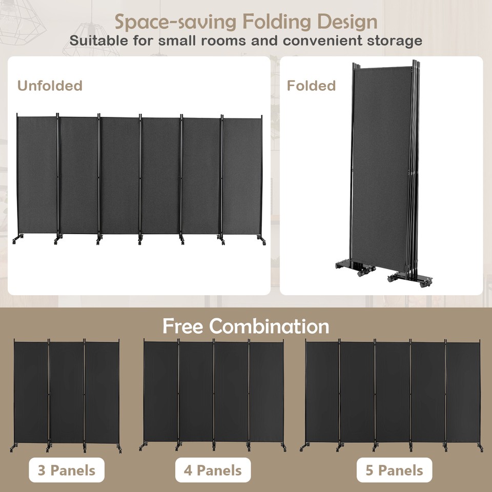 6-Panel Folding Room Divider 6FT Rolling Privacy Screen w/ Lockable ...