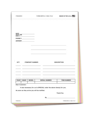 SPECIAL PARTS ORDER FORM 4 PART CARBONLESS FORM #SPO-4 / DSA-115-4 100 ...