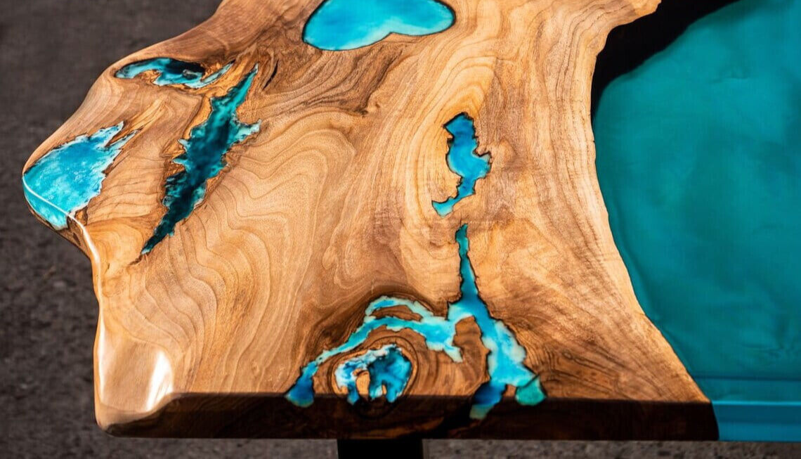 Live edge epoxy resin river dining table with turquoise glowing resin ...