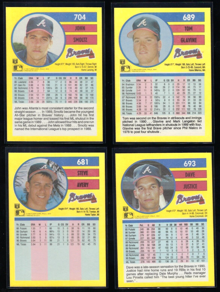 1991 Fleer - 4 Atlanta Braves - John Smoltz, Tom Glavine, Steve Avery ...