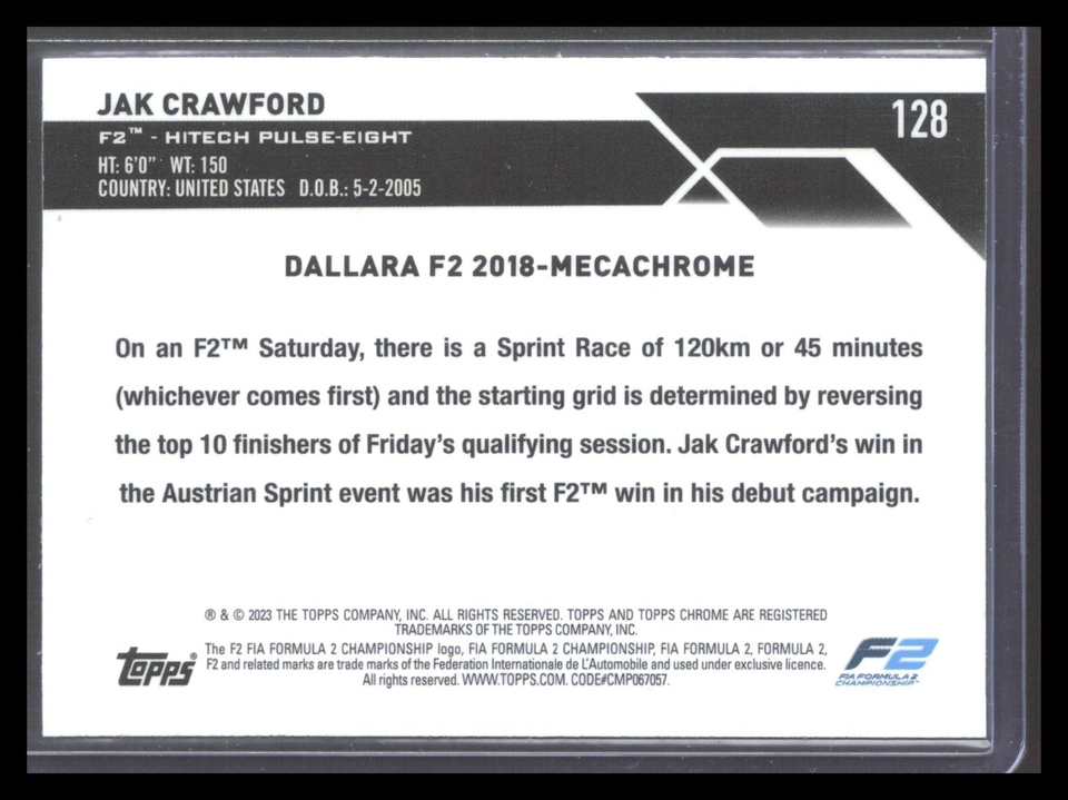 2023 Topps Chrome Formula 1 JAK CRAWFORD Base #128 F2 Hitech Pulse ...