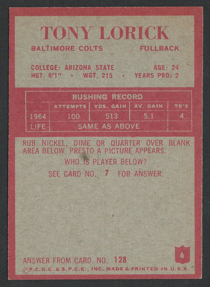 1965 PHILADELPHIA #6 TONY LORICK Baltimore Colts ROOKIE - NM | eBay