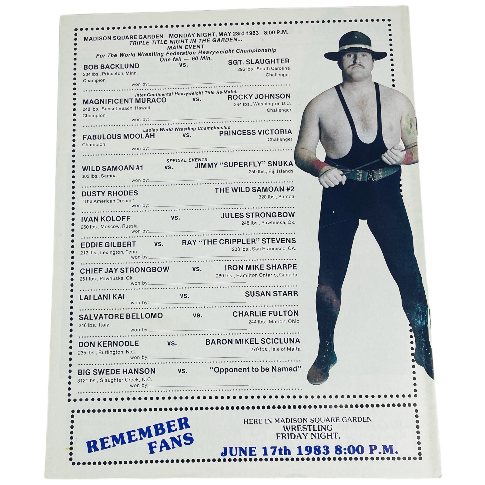 Vintage WWF WWE Event Program MSG May 23, 1983 Backlund Moolah Slaughter | eBay