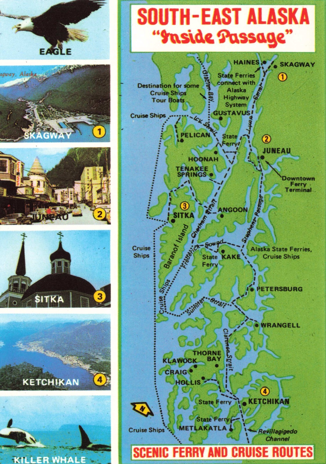 Postcard AK South East Alaska Passage Map Cartography Killer Whale Bald ...