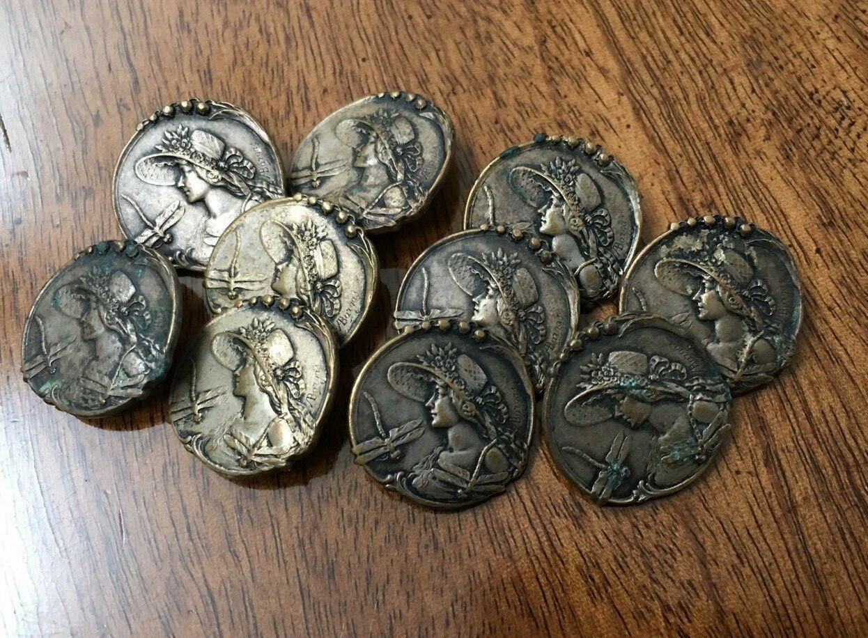 RARE! Set Of 10 Armand Bargas Signed French Buttons Nouveau Lady w ...