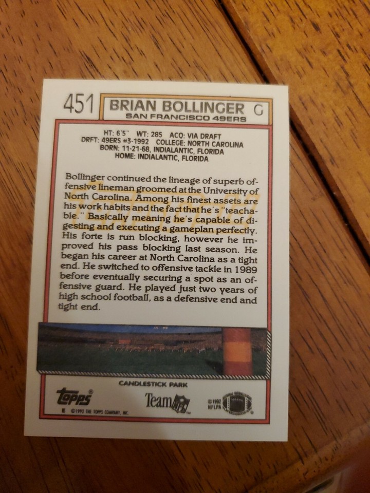 1992 Topps Football Card #451 Brian Bollinger RC | eBay