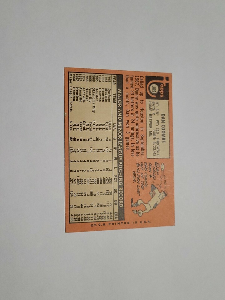 1969 Topps #389 Dan Coombs Houston Astros Vintage Baseball Card NM-MT ...