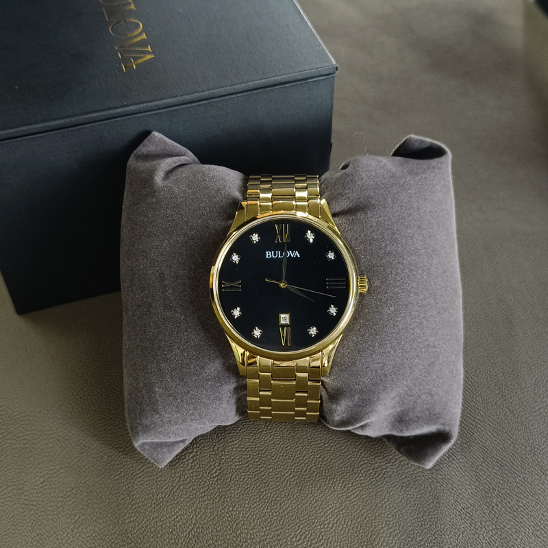 Bulova Men's Gold Tone/Diamond Black Dial 97D108 Classic Quartz Watch ...