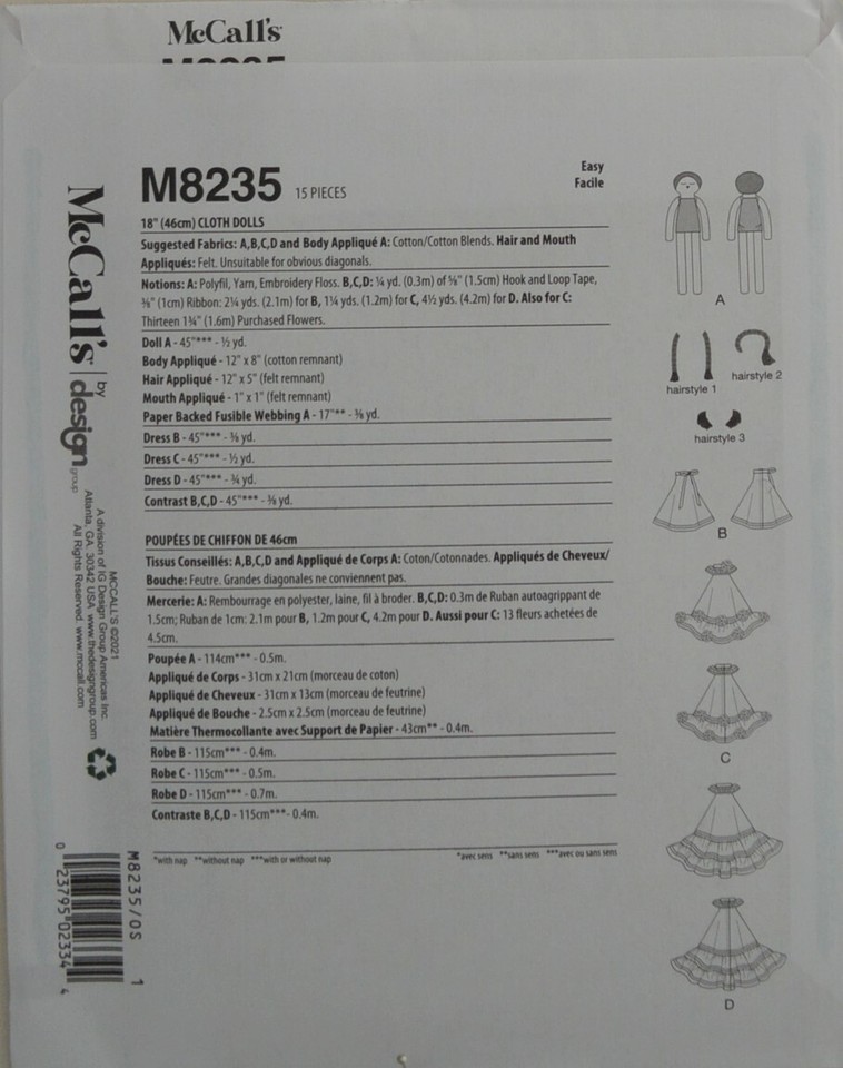 McCalls - 8235 - 18" Cloth Dolls W/ Dresses and Hair styles | eBay