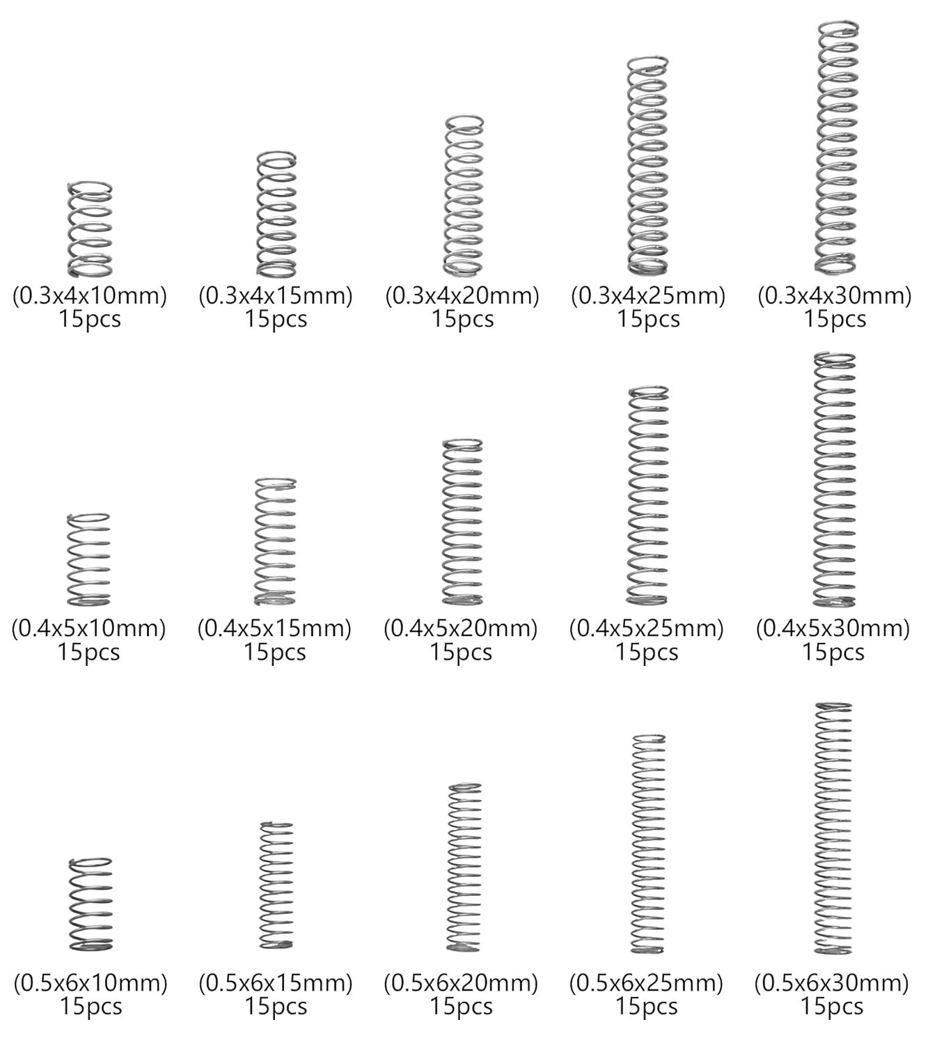 225Pcs Small Compression Spring Assortment 15 Different Sizes Wire ...