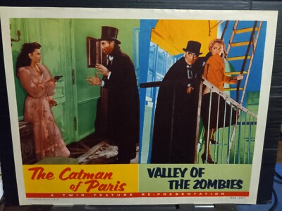 Lobby Card 1956rr CATMAN OF PARIS / VALLEY OF ZOMBIES gun on monster ...