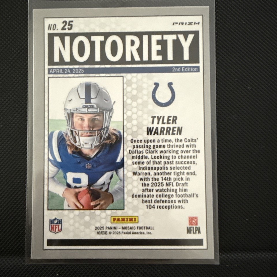 2025 Mosaic Football Tyler Warren Green Mosaic Notoriety #25 Rookie ...