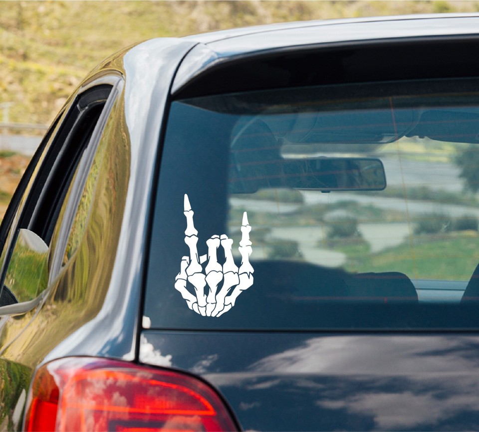 METAL HORNS ROCK ON Skeleton Hand cut vinyl decal car truck window ...