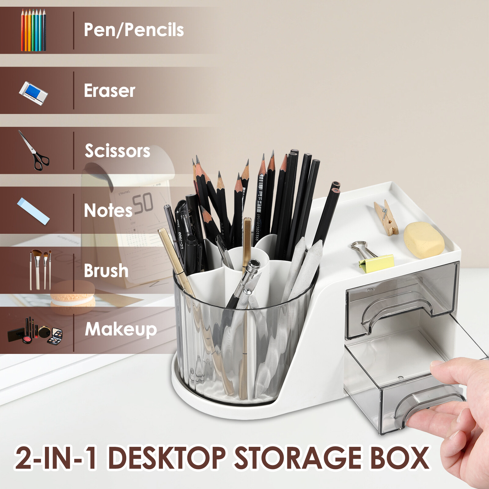 Rotating Desk Organizer with 2 Drawer 360° Rotating Desk Pencil Pen ...