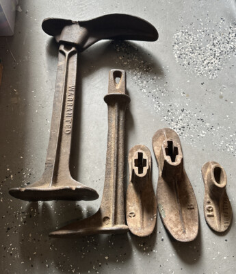 6 Antique Warranted Cast Iron Shoe Lasts with Stand Shoe Repair Anvils ...