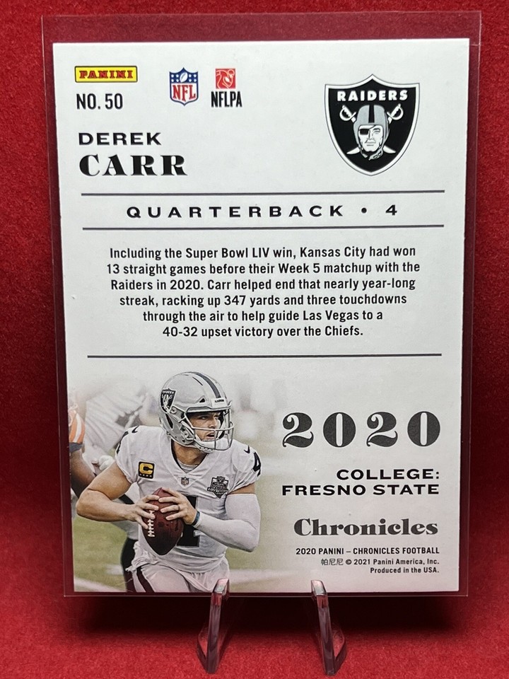 2020 Panini Chronicles Football **Derek Carr** Card No. 50 - Las Vegas ...
