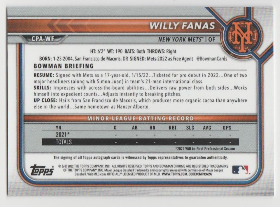 WILLY FANAS AUTO 2022 BOWMAN CHROME PROSPECT AUTOGRAPH 1ST CARD METS ...