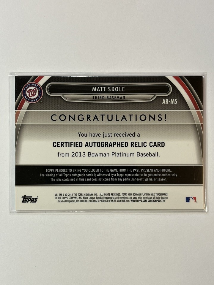 2013 Bowman Platinum 🔥 MATT SKOLE Auto Relic Autographs Card #AR-MS NM ...