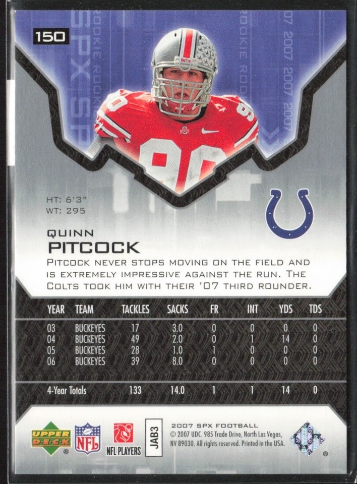 2007 SPx #150 Quinn Pitcock Rookie 217/899 Indianapolis Colts | eBay