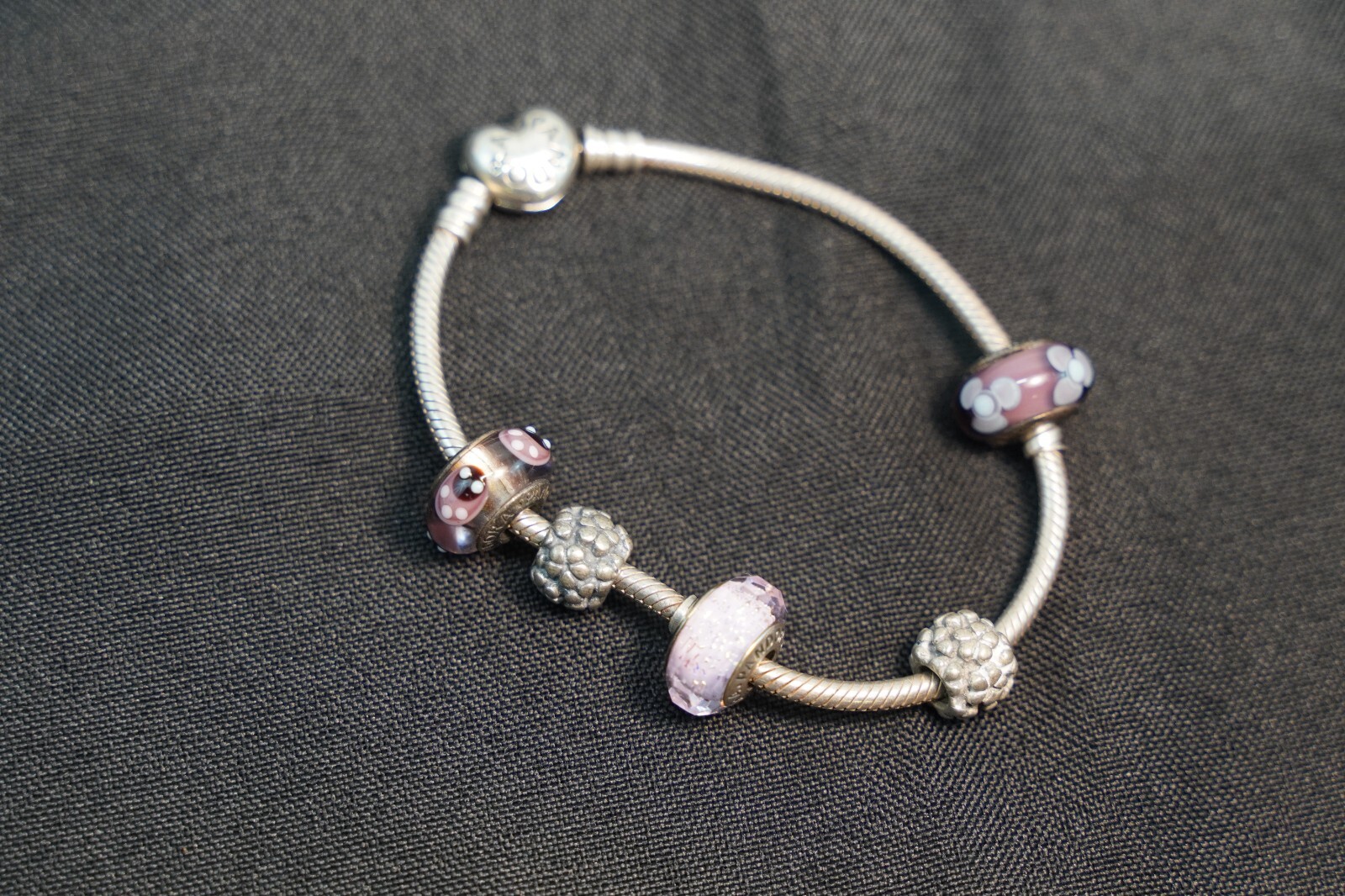 RETIRED 7IN Pandora Bracelet with Princess/Lady Bug/Flower Glass Murano ...
