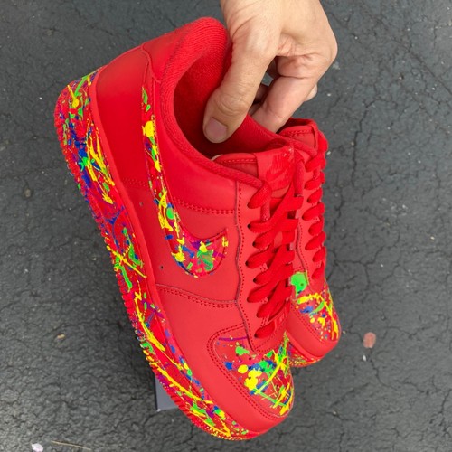 Nike Air Force 1 Custom Triple Red Multi Color Neon Splatter Shoes Mens ...