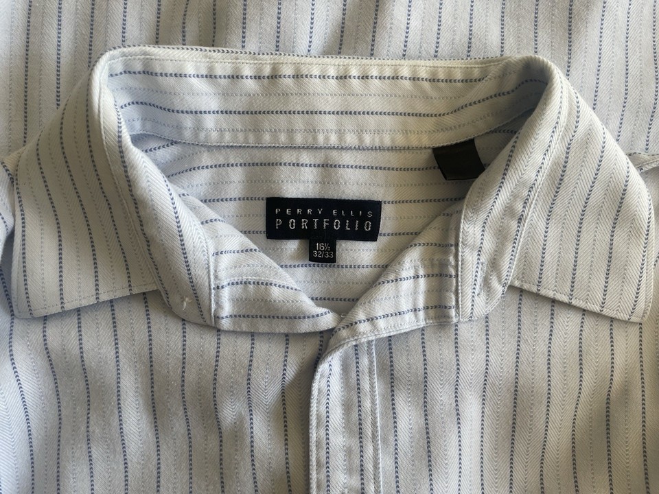 Perry Ellis Men’s Dress Shirt Blue & White Neck size 16.5 Sleeve 32/33 ...