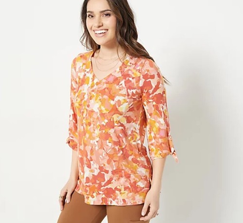 Susan Graver Weekend Cool Touch 3/4 Sleeve Top w/Ties Clay/Gold XXS ...