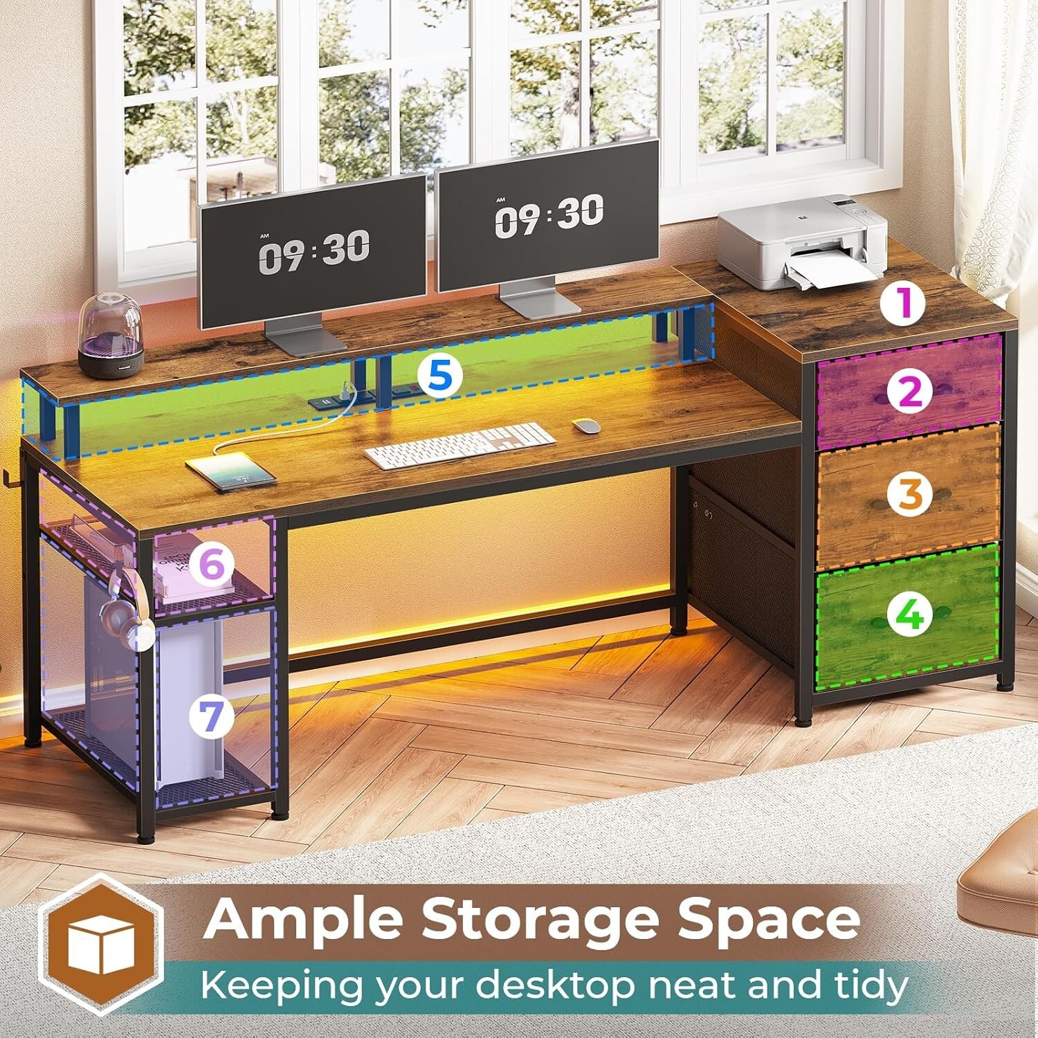 59" Office Desk with Drawers, Reversible Computer Desk with LED Lights ...