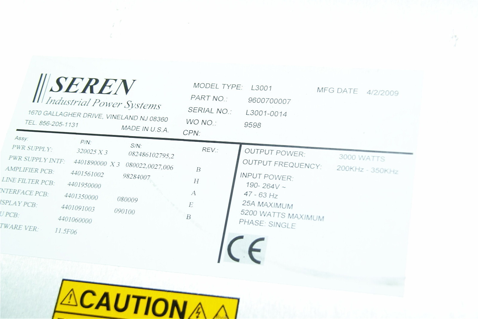 NEW SEREN INDUSTRIAL POWER SYSTEM L3001 9600700007 3 KW RF GENERATOR ...