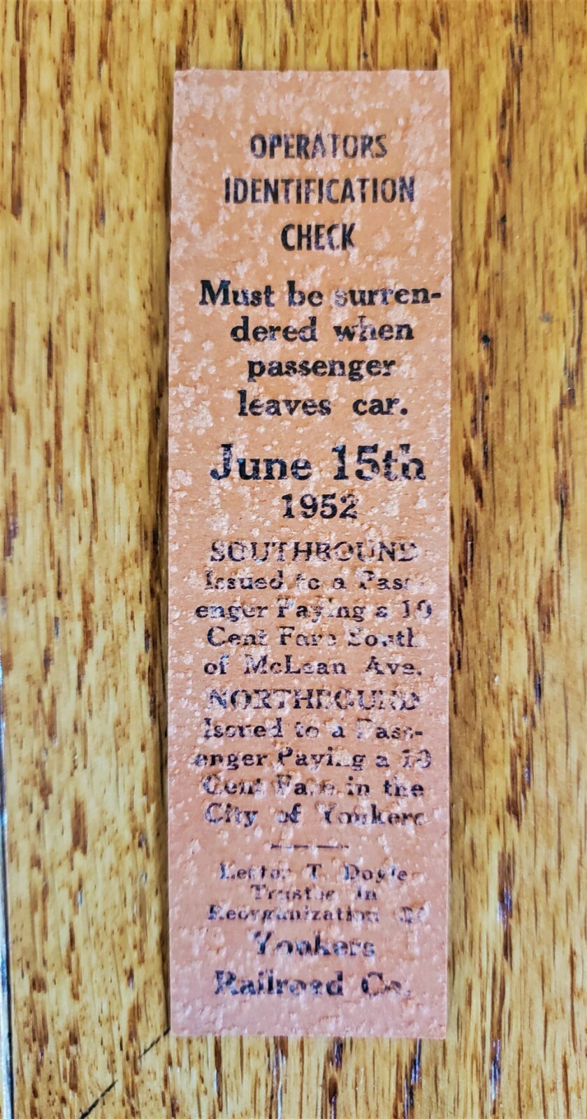 THE YONKERS RAILROAD CO STREETCAR TROLLEY OPERATORS ID CHECK TICKET ...