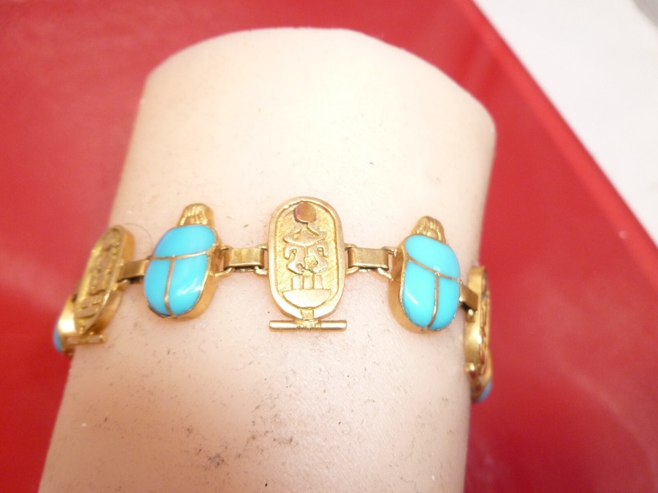 18 Karat Gold Scarab Beetle Turquoise Bracelet Egyptian Cartouche Made ...