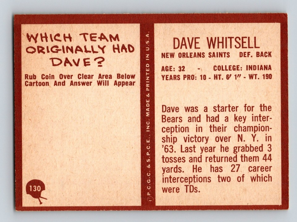 1967 Philadelphia Football No.130 Dave Whitsell New Orleans Saints | eBay